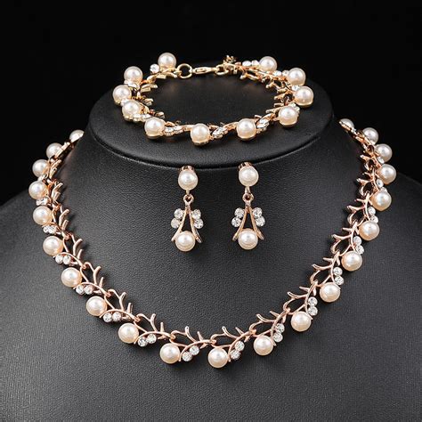 3pcs Set Pearl Jewelry Set Diamond Encrusted Pearl Branch Set Light