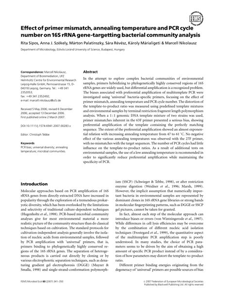 Pdf Effect Of Primer Mismatch Annealing Temperature And Pcr Cycle Number On 16s Rrna Gene