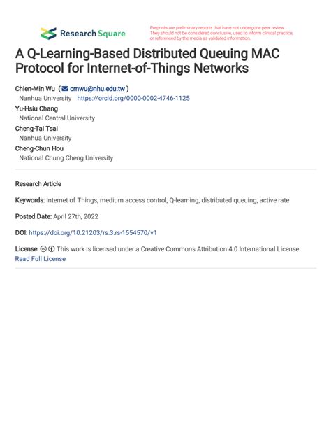 Pdf A Q Learning Based Distributed Queuing Mac Protocol For Internet Of Things Networks