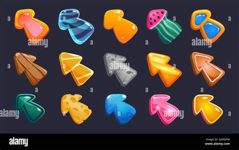 Cartoon Game Cursors Click Arrows And Pointer Interface Icons Of Different Shapes And Materials
