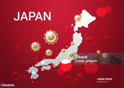 전염병 Merscov 독감 세계 떠다니는 인플루엔자 바이러스 세포 우한 코로나바이러스 2019ncov 전염병 의료 건강 위험 일본지도 배경 수평 복사 공간 일본에 대한 스톡