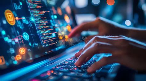 coding programmer hands typing on laptop with digital interface stock