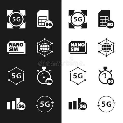Set Social Network Nano Sim Card 5G Digital Speed Meter And Icon Vector Stock Vector
