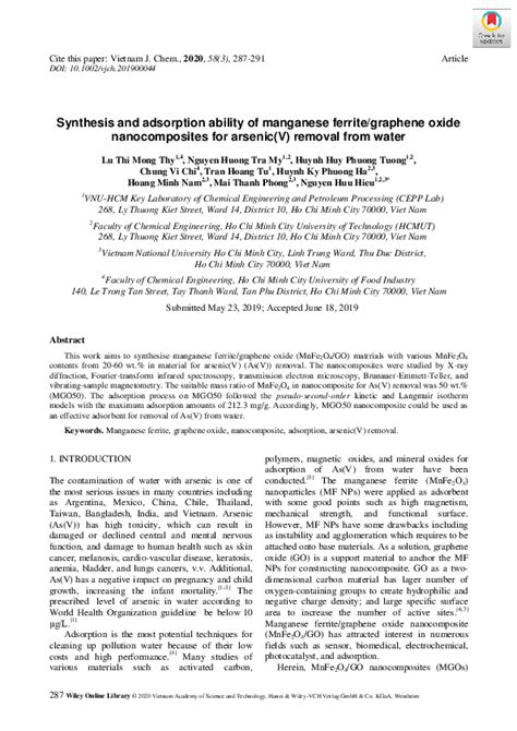 Pdf Synthesis And Adsorption Ability Of Manganese Ferritegraphene Oxide Nanocomposites For