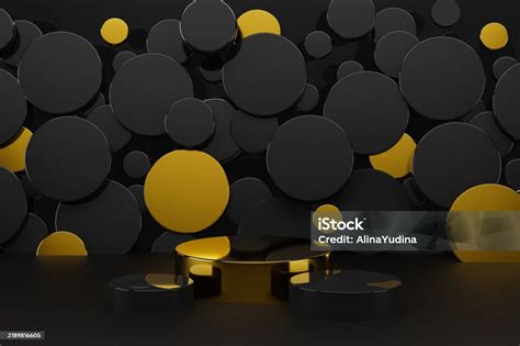 새해 검은 추상 무대 모형 3 개의 검은 플라스틱 세트 황금 연단 모형 서클 장식 템플릿 3d 일러스트 레이 션 럭셔리 장면