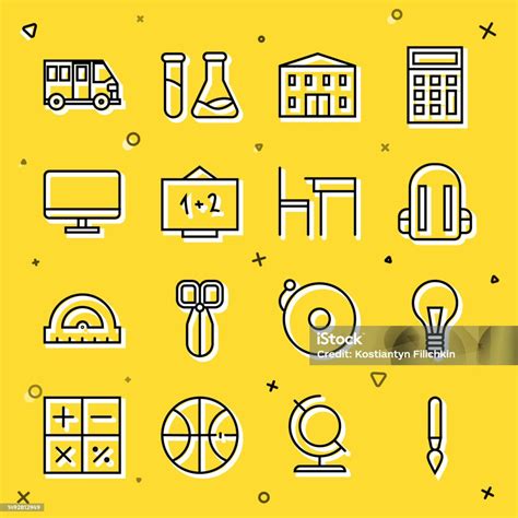 세트 라인 페인트 브러시 아이디어 개념의 전구 학교 배낭 건물 칠판 컴퓨터 모니터 화면 버스 및 테이블 및 의자 아이콘 벡터 가방에 대한 스톡 벡터 아트 및 기타 이미지