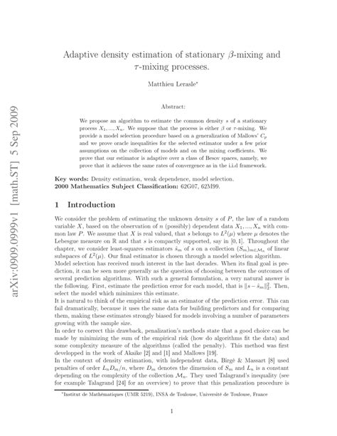 Pdf Adaptive Density Estimation Of Stationary β Mixing And τ Mixing