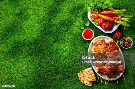 Shashlik 신선한 야채와 피타 플랫 브레드와 함께 접시에 구운 고기 꼬치 녹색 잔디 여름 배경 공간 복사 상의 모습 고급 요리에 대한 스톡 사진 및 기타 이미지