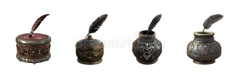 Ornate Inkwell And Quill Set Vintage Writing Tools Collection Isolated