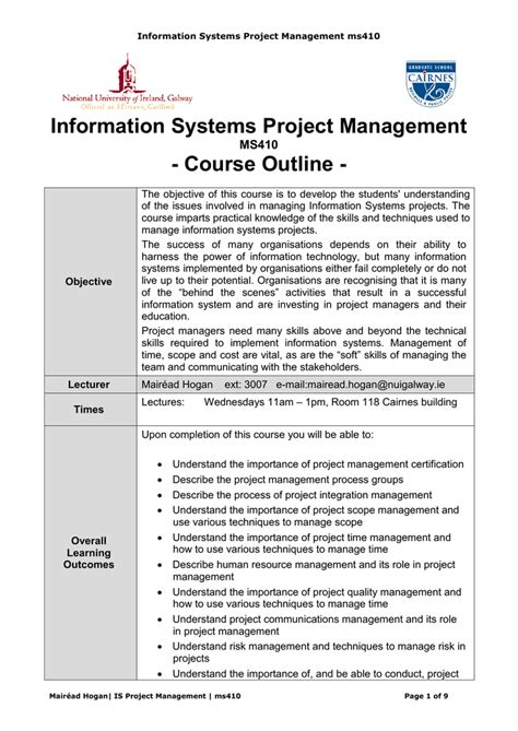 Information Systems Project Management Course Outline Ms410