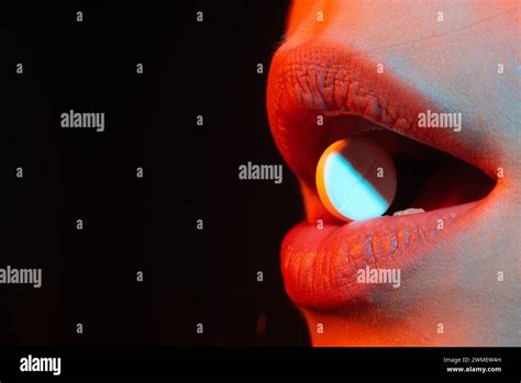 Pill In Mouth Close Up Woman Taking Pills Closeup Sick Ill Woman