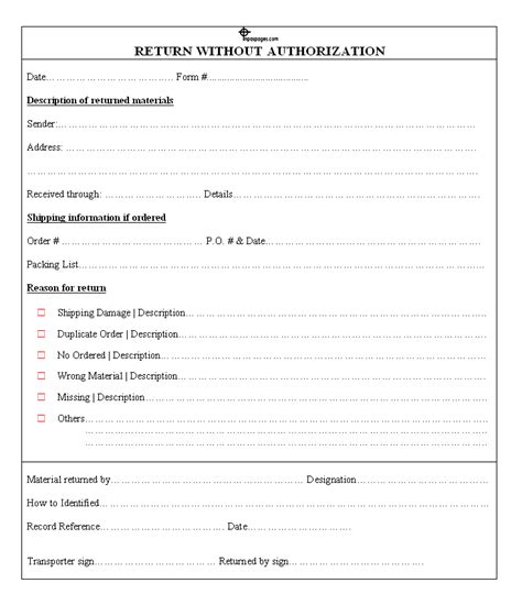 Return Without Authorization Format