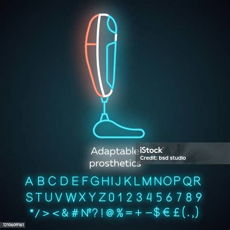 적응 형 보철 네온 라이트 아이콘 본체 부분 교체 기계적 인공 사지 바이오닉 발 생명 공학 알파벳 숫자 및 기호와 빛나는 기호 벡터 절연 그림 건강 진단에 대한 스톡 벡터