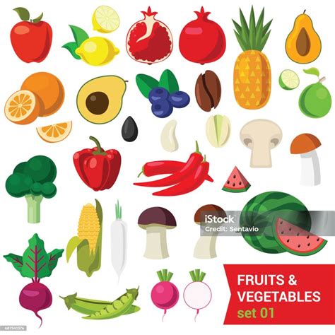 과일 및 야채 세트의 평면 스타일 멋진 품질 세트 애플 레몬 석류 파인애플 아보카도 오렌지 매 커피 버섯 라임 멜론 옥수수 완두콩 사탕 무 셀러리 콩나물 창의적인 음식