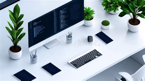 Modern White Desk Setup With Computer Keyboard And Plants Stock Illustration Illustration Of