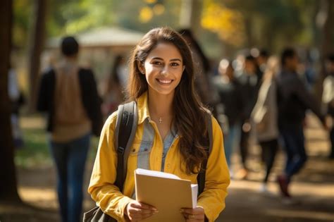 Premium Photo Young Indian College Girl Holding Backpack And Books And Giving Happy Expression