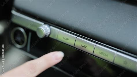 Close Up View Of Car Interior View Of Car Map Navigation Button Driver Pressing Map Button Of