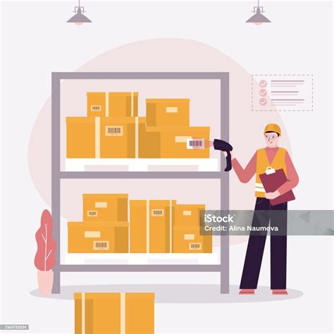 재고를 확인하는 창고 작업자 보관함 목록 확인 바코드를 스캔하는 작업자 또는 관리자 선적 준비를 위한 포장 부서의 작업 개념에 대한 스톡 벡터 아트 및 기타 이미지 Istock