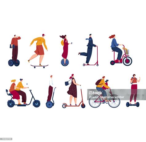 전기 스쿠터 자전거 스케이트 보드와 같은 친환경 운송 수단을 사용하는 다양한 사람들 남성과 여성이 통근하는 도시 마이크로 모빌리티 개념 현대 도시 생활과 지속 가능한 교통
