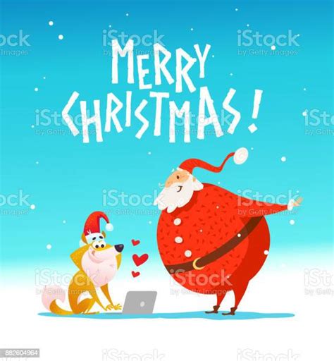 행복 한 산타와 절연 흰색 배경에 노트북을 산타 모자에 개 평면 메리 크리스마스 일러스트 벡터 12월에 대한 스톡 벡터 아트 및