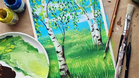 БЕРЕЗКИ Простой весенний пейзаж гуашью💚 Youtube