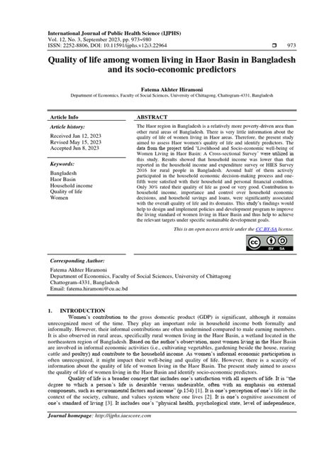 Quality Of Life Among Women Living In Haor Basin In Bangladesh And Its Socio Economic Predictors