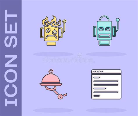 set computer api interface robot burned out waiter robot and icon vector stock illustration