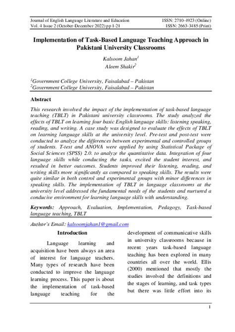 Pdf Implementation Of Task Based Language Teaching Approach In Pakistani University Classrooms