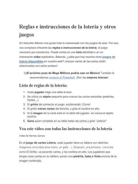 Reglas E Instrucciones De La Lotería Y Otros Juegos Pdf Juegos Y
