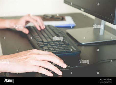 Close Up Of Male Hands Using Desktop Computer Stock Photo Alamy