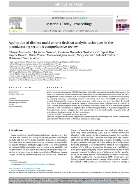Pdf Application Of Distinct Multi Criteria Decision Analysis Techniques In The Manufacturing