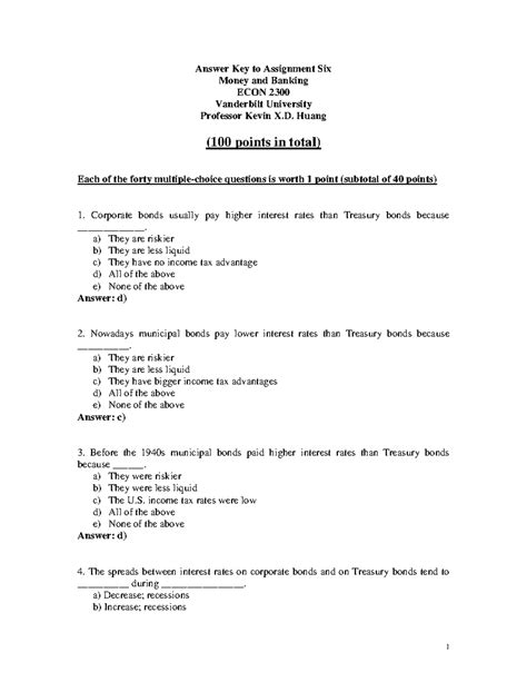 Assignment 6 Answer Answer Key To Assignment Six Money And Banking Econ 2300 Vanderbilt