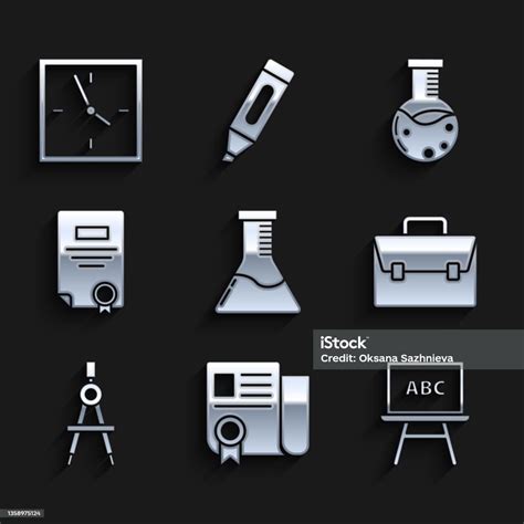 테스트 튜브 및 플라스크 화학 실험실 인증서 템플릿 칠판 서류 가방 드로잉 나침반 및 시계 아이콘을 설정합니다 벡터 0명에 대한
