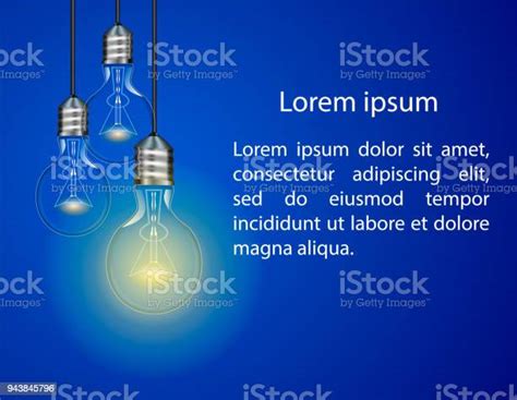 파란색 바탕에 3 개의 전기 전구입니다 한 빛이입니다 아이디어 개념입니다 텍스트를 위한 공간입니다 벡터 일러스트 레이 션 3가지