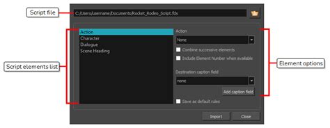 Storyboard Pro 22 Online Help Import From Final Draft Dialog Box