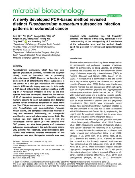 Pdf A Newly Developed Pcr‐based Method Revealed Distinct Fusobacterium Nucleatum Subspecies