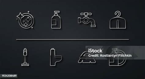설거지 진공 청소기 옷걸이 옷장 청소용 브러시 변기 식기 세척액 병 및 수도꼭지 아이콘을 설정합니다 벡터 아이콘에 대한 스톡 벡터 아트 및 기타 이미지 Istock