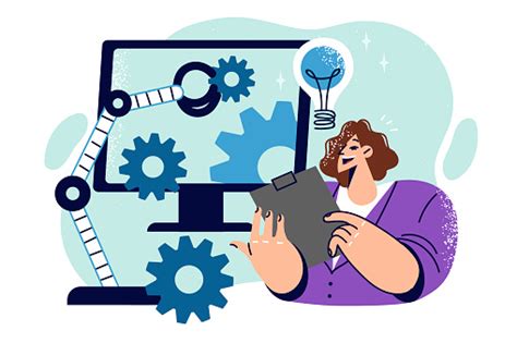 기어와 산업용 암 매니퓰레이터가 있는 모니터 근처에 서서 생산 자동화를 연구하는 여성 로봇에 대한 스톡 벡터 아트 및 기타 이미지 로봇 컴퓨터 디자인 전문가 Istock