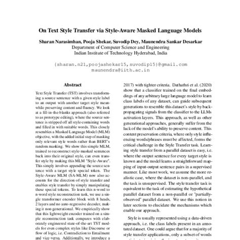 On Text Style Transfer Via Style Aware Masked Language Models Acl Anthology