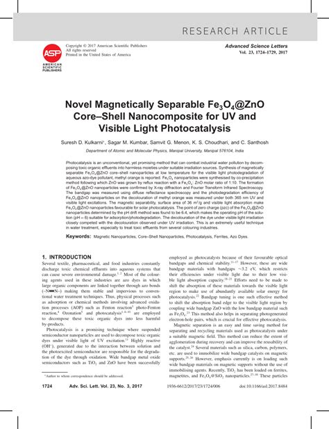 Pdf Novel Magnetically Separable Fe3o4zno Coreshell Nanocomposite For Uv And Visible Light