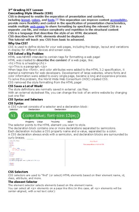 Lesson Plan For Ict Compress 3 Rd Grading Ict Lesson Cascading Style Sheets Css Css Is