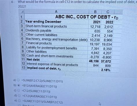 Solved What Would Be The Formula In Cell C12 In Order To