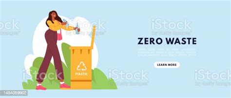 제로 폐기물 생활 개념 플라스틱을 위해 쓰레기 용기에 쓰레기를 분류하는 여자 분류 및 재활용 개념 평면 벡터 그림 감소에 대한 스톡 벡터 아트 및 기타 이미지 Istock