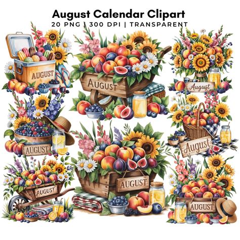 August Calendar Clipart 20 Png Summer Harvest Sunflower Peach Fruit