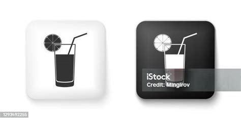 흰색 배경에 고립 된 주스 아이콘의 흑백 유리 오렌지 슬라이스와 음주 튜브 건강한 유기농 식품 정사각형 버튼입니다 벡터 0명에 대한 스톡 벡터 아트 및 기타 이미지 Istock