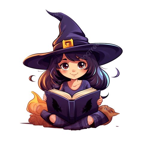 Cute Witch In Hat Reading Old Book Halloween Vector Isolated