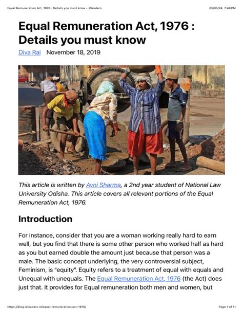 Equal Remuneration Act 1976 Details You Must Know Ipleaders Pdf