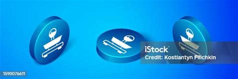 아이소메트릭 스케일 아이콘은 파란색 배경에 분리되어 있습니다 체중 측정 장비 파란색 원 버튼입니다 벡터 3차원 형태에 대한 스톡