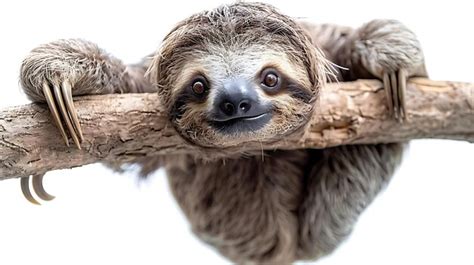Cute Two Toed Sloth Hanging On Tree Branch Isolated On White Background