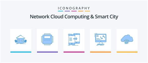 Network Cloud Computing And Smart City Blue 5 Icon Pack Including Information Synchronization